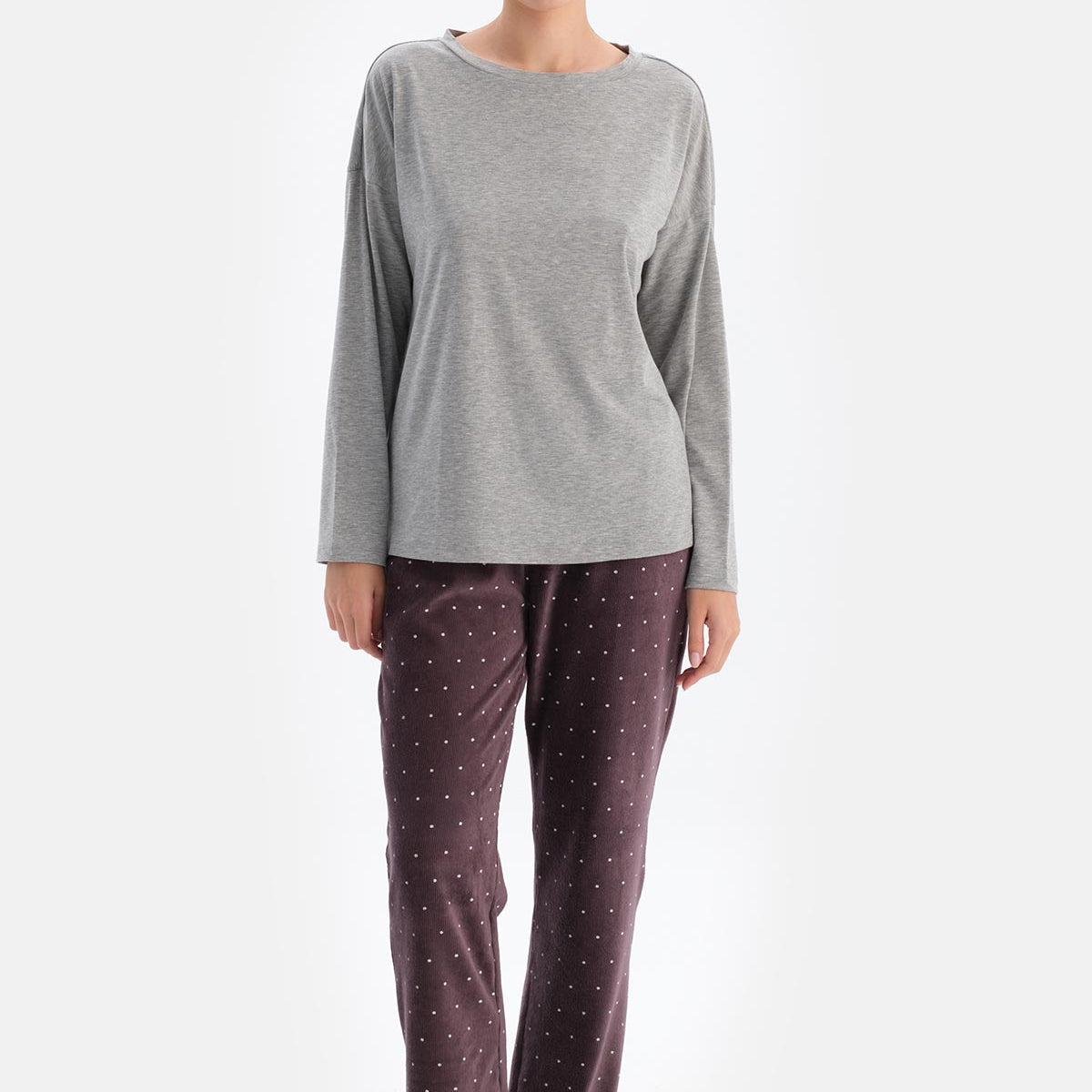 Gri Melanj Kadın Bisiklet Yaka Pijama Üstü 24WW11424BB_325 | Dagi